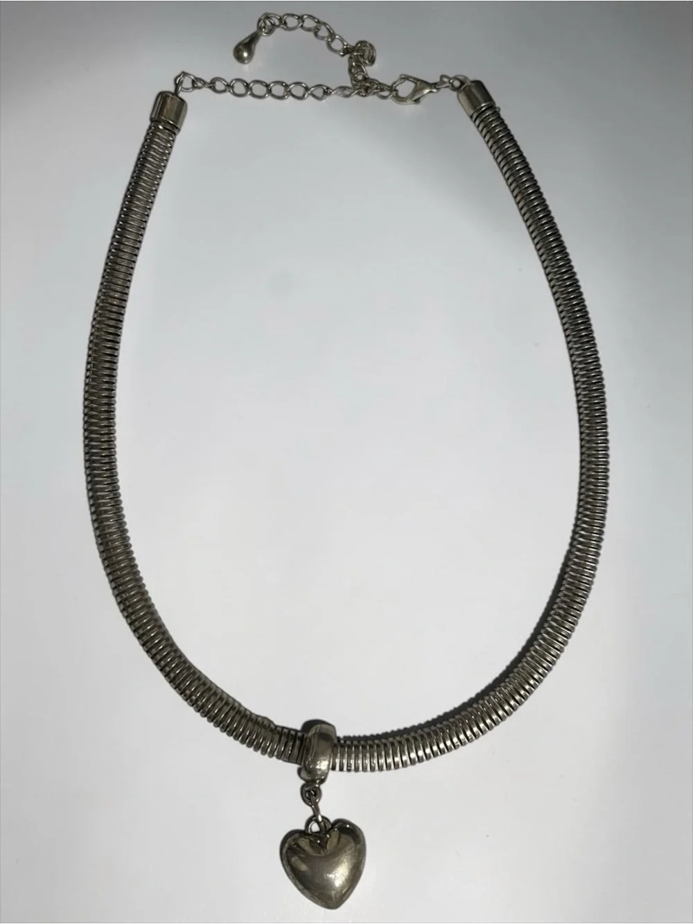 Jewelry | Silvertone Puffy Heart Necklace With Snake Coil Chain | Poshmark